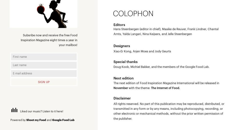Colophon - INT29 Food Destinations