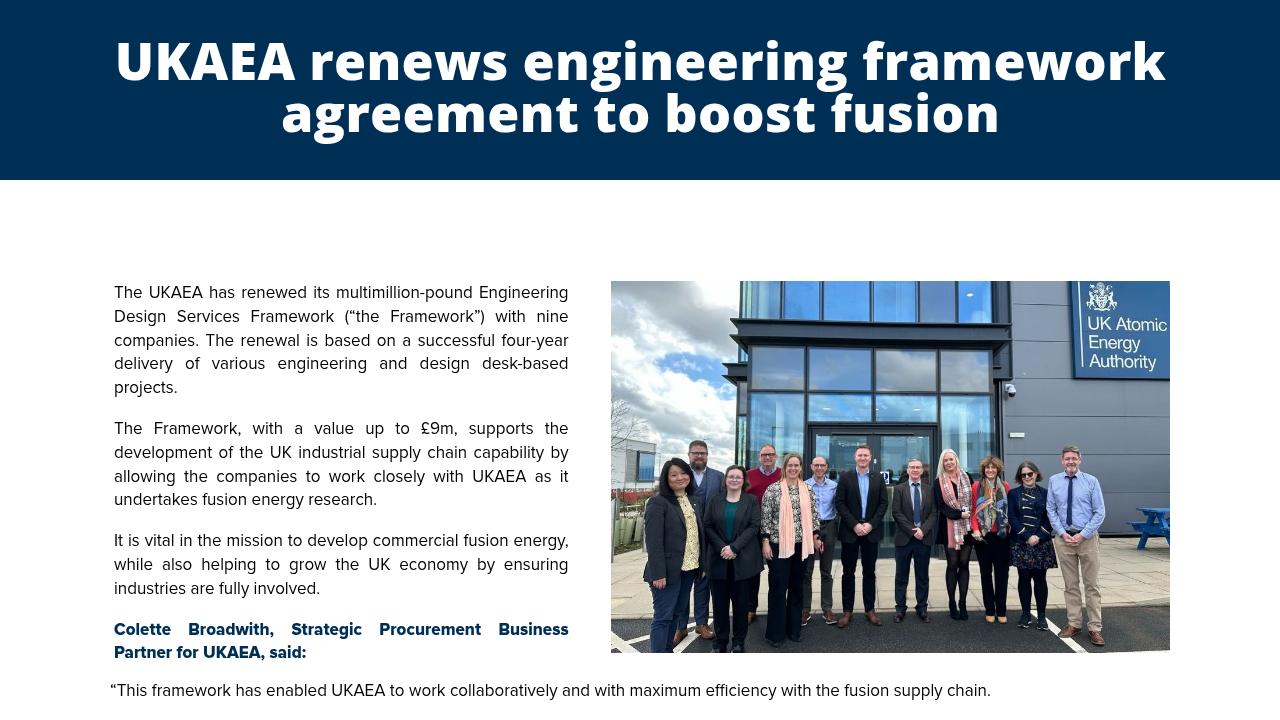 UKAEA renews engineering framework agreement - UKAEA Newsletter Edition 9