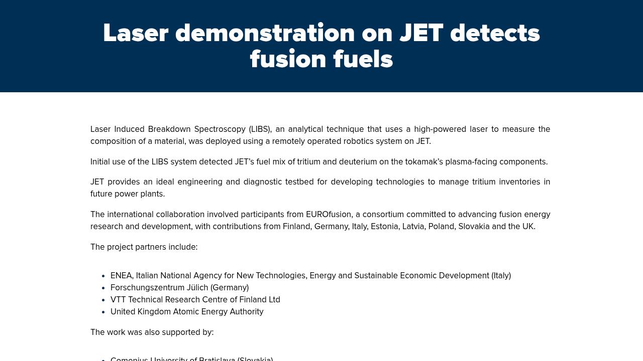 Laser demonstration on JET detects fusion fuels - UKAEA Newsletter ...