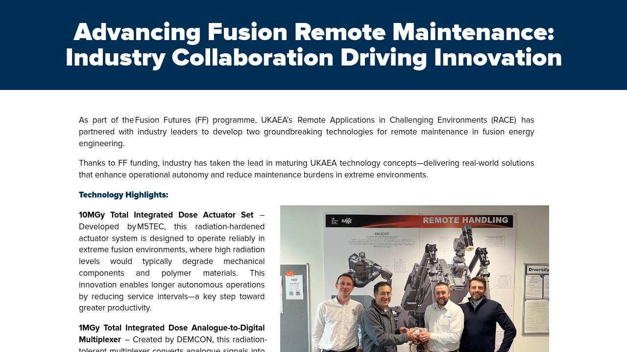 Advancing Fusion Remote Maintenance: Industry Collaboration Driving ...