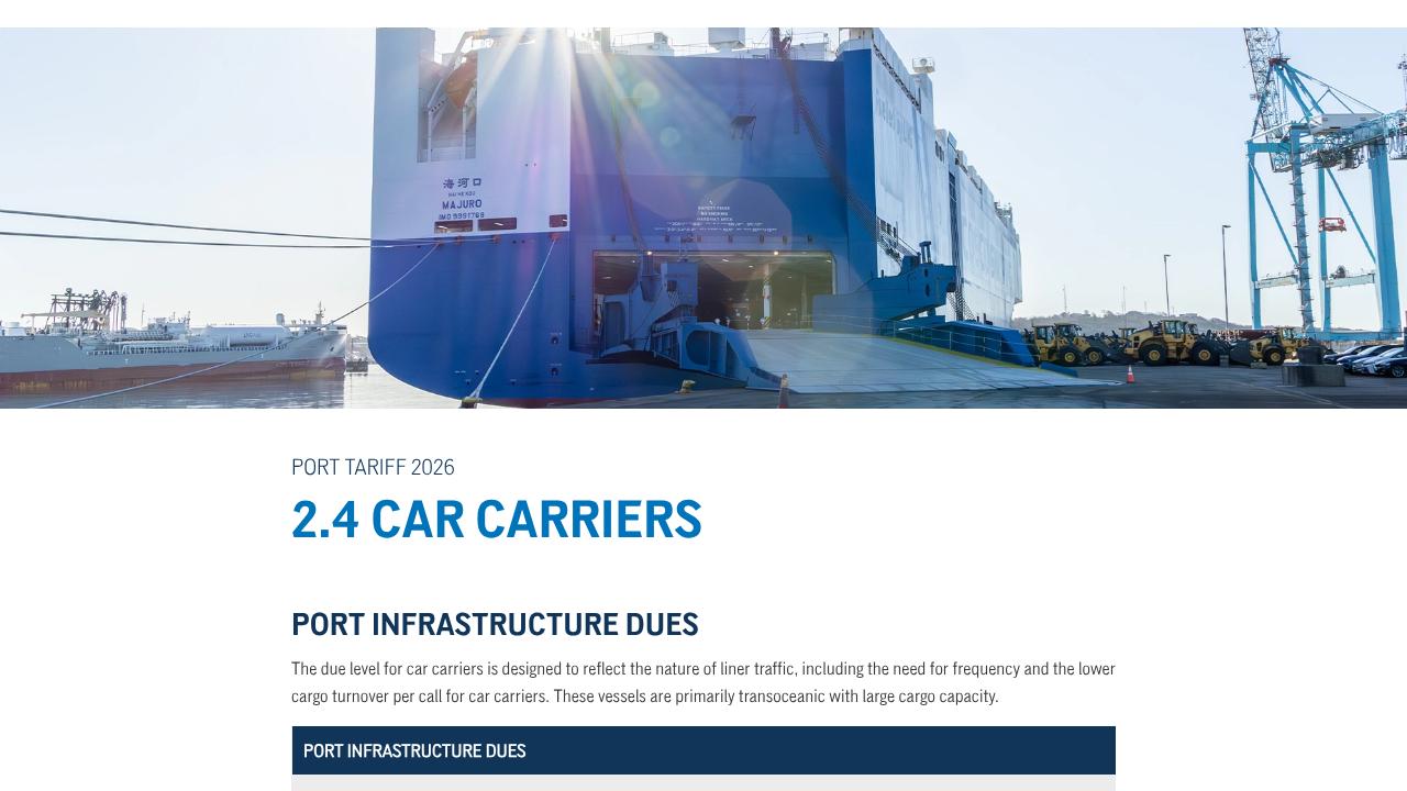 Car carriers - Port Tariff 2026