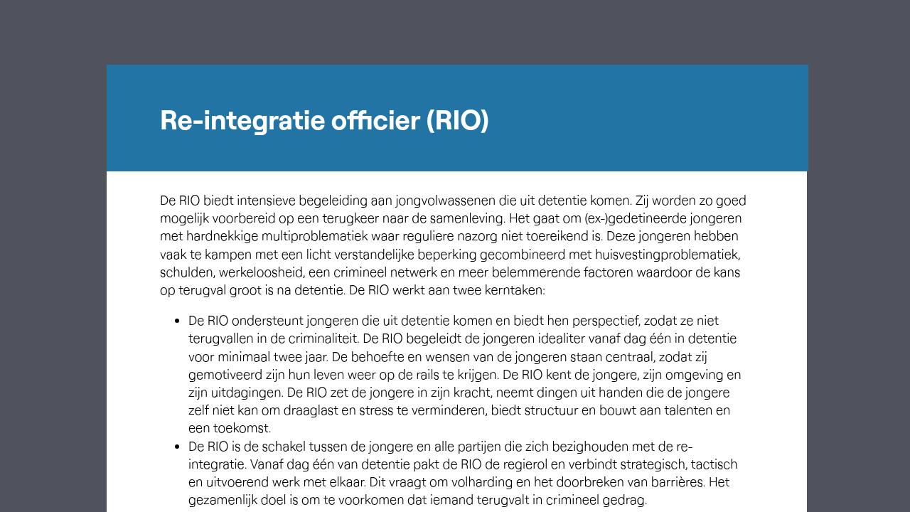 Re-integratie officier RIO - Uitvoeringsplan Preventie met gezag